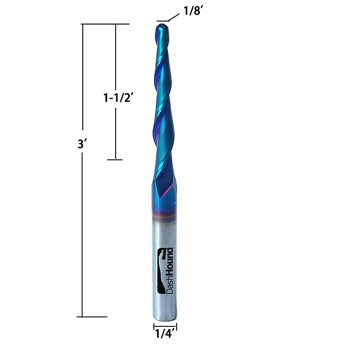 DashHound BRB224 Milling Cutters 2 Flutes Ball Nose Solid Carbide Up Cut CNC Spiral Bits NACO Coated 2D 3D Carving Router Bit 2.4Deg with 1/8 Inch Cutting Dia, 1/8"CD X 1-1/2"CL X 1/4"SD X 3"OL