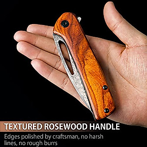 NedFoss PEGASUS Damascus Pocket Knife for Men, 3.5" Ladder Pattern Damascus Steel Folding Knife with Rosewood Handle, Ball Bearings Pivot, Deep Carry Clip, EDC Knife Camping Gifts for Men Women