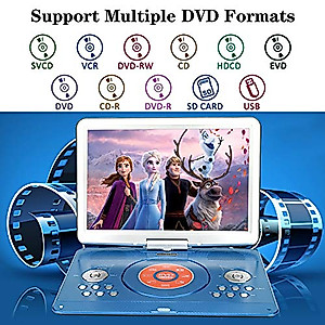 YOOHOO 16.9'' Portable DVD Player with 6 Hours Rechargeable Battery,14.1'' HD Swivel Large Screen,Remote Controller,Supports SD Card, USB Port and Multiple Disc Formats (Blue)