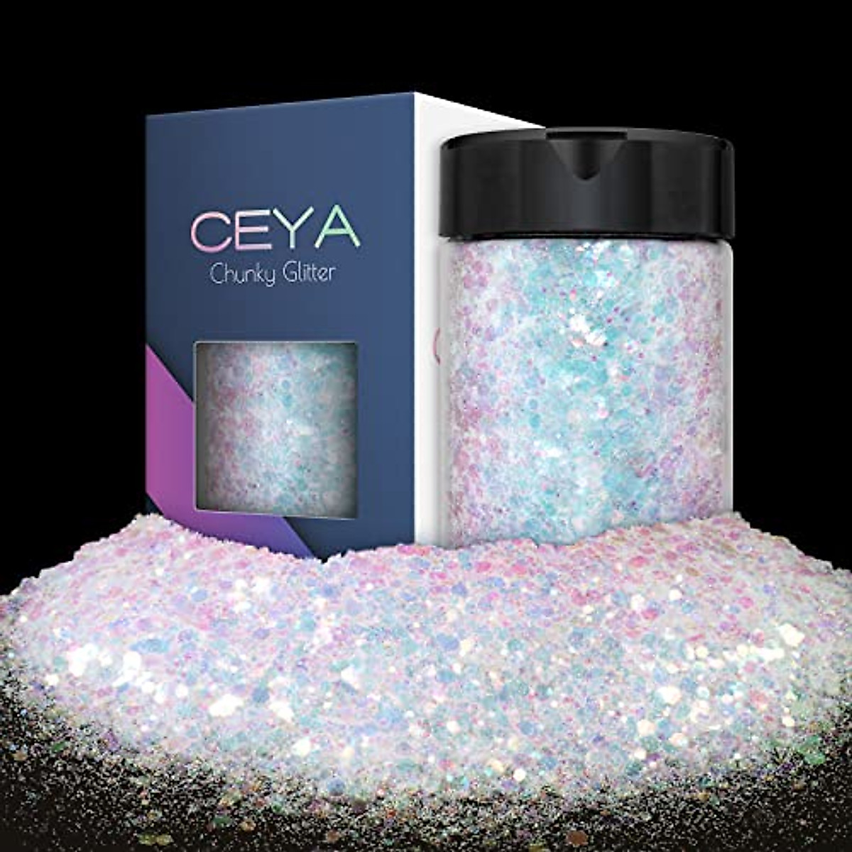 Ceya Holographic Chunky Glitter, 4.9oz/ 140g Iridescent White Craft Glitter Powder Mixed Fine Metallic Nail Sequins Flakes for Epoxy Resin, DIY Crafts Tumblers Painting, Scrapbooking, Christmas Decor