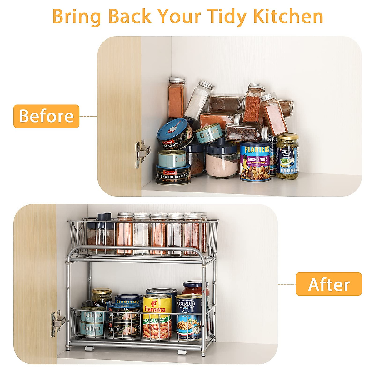 MOOACE 2 Pack Stackable 2-Tier Under Sink Cabinet Organizer with Sliding Storage Drawer, Sliding Basket Organizer for Kitchen, Bathroom, Pantry, Cabinet, Silver