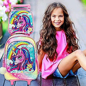 FTJCF 3PCS Rolling Backpack for Girls, Kids Unicorn Roller Bookbag with Wheels, Wheeled School Bag Set for Elementary -Rainbow