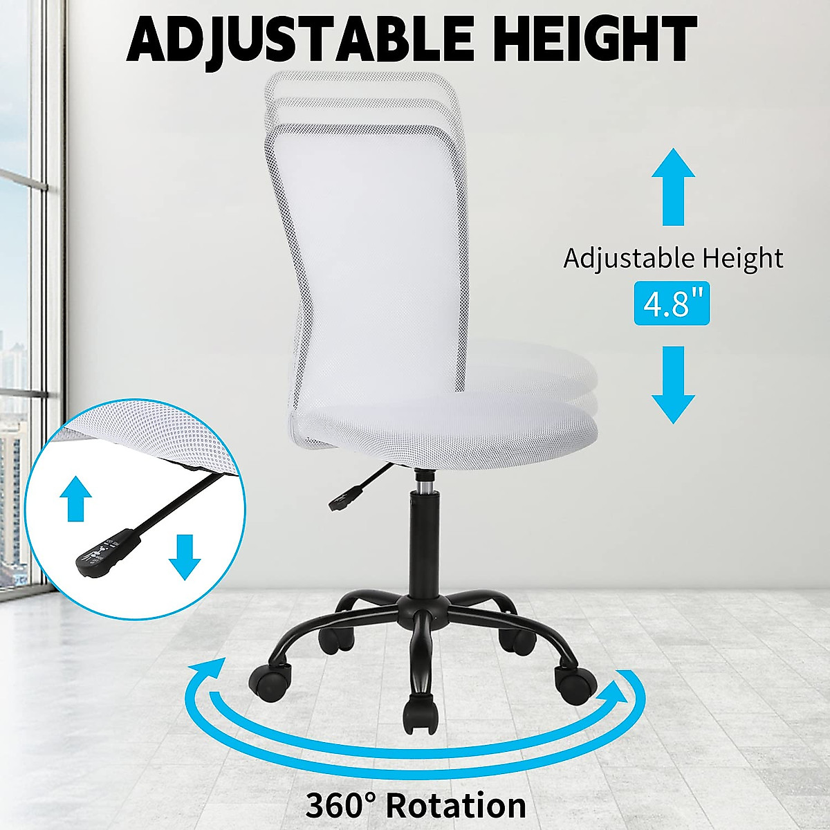 Armless Office Chair Ergonomic Desk Chair No Arms Mesh Computer Chair Adjustable Height Task Chair Rolling Swivel Chair Small Chair Executive Chair with Lumbar Support, White