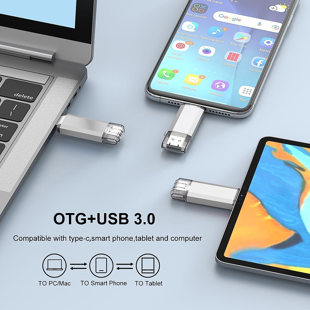 RAOYI 128GB USB C Flash Drive, 2 in 1 USB 3.0 Type C Dual OTG Metal Thumb Drive Jump Drive Memory Stick with Keychain Suitable for USB-C Smartphones, MacBook, Computers and Tablets (Silver)
