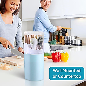 Kitchen Utensil Holder with Cover, 4 Compartment Wall-Mounted Countertop Plastic Silverware Holder Utensil Drying Rack for Cutlery, Chopstick, Spoons, Forks, Knives(Blue)