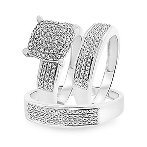 jsjewels 1/2 Carat T.W. Diamond Engagement Ring Wedding Trio Set in Solid 14K White Gold Over