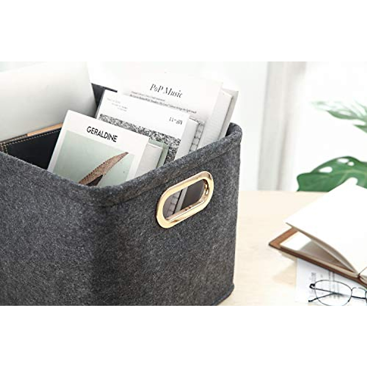 Collapsible Storage Bins Foldable Felt Fabric Storage Basket Organizer Boxes Containers with Handles Metal Handles for Nursery Toys,Kids Room,Clothes,Towels,Magazine (Dark grey）