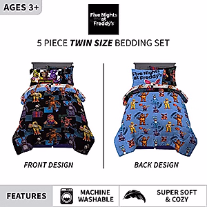 Franco Kids Bedding Super Soft Comforter and Sheet Set with Sham, 5 Piece Twin Size, Five Nights at Freddy's & Kids Room Window Curtains Drapes Set, 82 in x 84 in, Five Nights at Freddy's