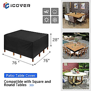 iCOVER Patio Furniture Cover, 76"x76" Square/Round Patio Table Cover, Easy On/Off, Waterproof Dustproof Cover for Outdoor Dining Table Set, Sectional Sofa Set