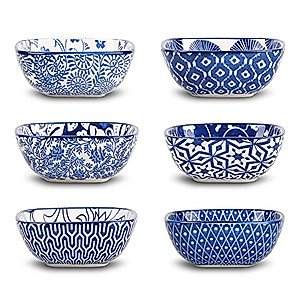 Selamica Ceramic 2.6 OZ Square Dipping Bowl Set, Soy Sauce Dish 3 inch Small Bowls for Ketchup Condiments Side Dish BBQ, Ramekins Oven safe, Stackable, Set of 6, Vintage Blue
