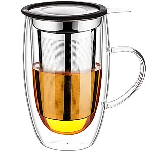 Baalaka Double Wall Glass Tea Cup With Stainless Steel Infuser and Lid, 16oz Borosilicate Glass Tea Mug, Tea Infuser for Loose Leaf Tea, Tea Gifts for Tea Lovers