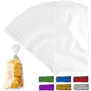 Simple Craft 200 Pack Candy Treat Cellophane bags - 5x11 Thick Plastic Candy Bags With Ties For Goodie Bags - Clear Cellophane Treat Bags For Candy, Cookies & Pastries (5''x11'')