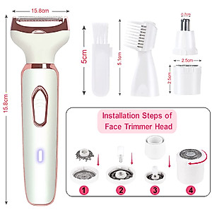 Electric Lady Shaver, Women Razors for Shaving Cordless 4-in-1 Painless Shaver for Women Face, Legs and Underarm, Portable Bikini Trimmer Wet & Dry Hair Removal, Cordless - Micro USB Rechargeable