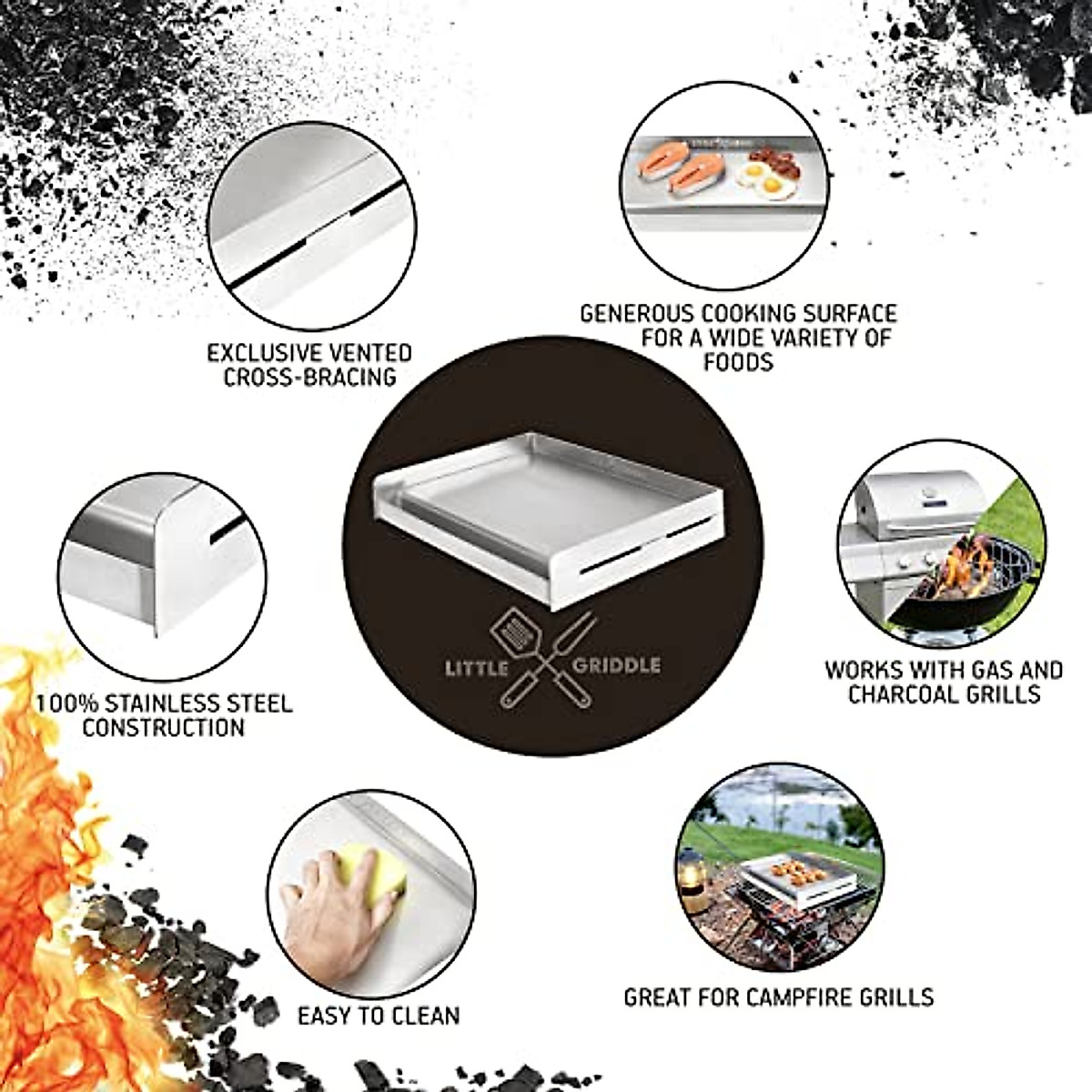 LITTLE GRIDDLE Sizzle-Q SQ180 100% Stainless Steel Universal Griddle with Even Heating Cross Bracing for Charcoal/Gas Grills, Camping, Tailgating, and Parties (18"x13"x3")