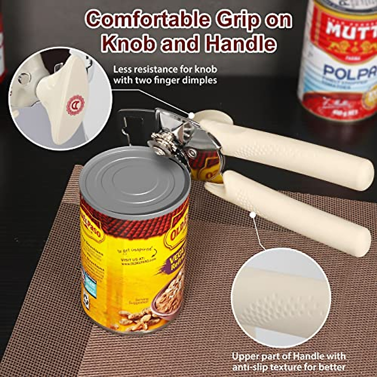 DAWAD Can Opener Manual Stainless Steel Safety Can Opener Good Grips Smooth Edge Easy Use 7.87 Inch Cream White