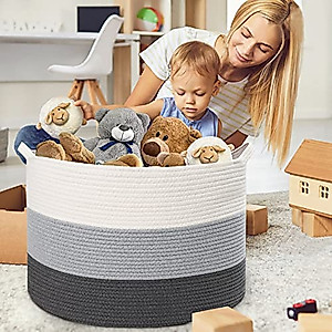 MXMHOME Extra Large Blanket Basket - Blanket Basket Living Room, Woven Baskets for Storage, Kids Toy Basket, Soft Throw Blanket Storage Basket, Rope Baskets for Organizing(23.6”x 23.6”x 14.1”)
