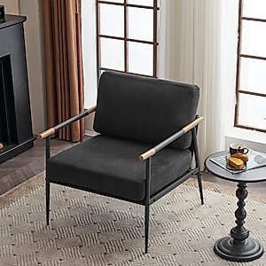 Penifun Modern Chic Accent Metal Frame, Upholstered Chenille Living Room Chairs with Removable Seat & Back Cushion, Comfy Leisure Lounge Reading Side Armchair for Bedroom, Black