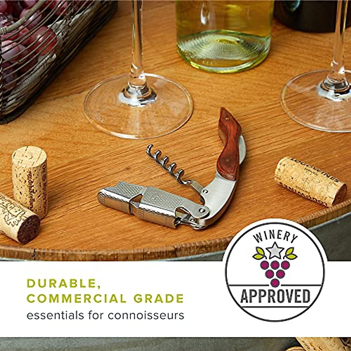 True Sommelier Waiter Corkscrew Spring Loaded Double Lever Wine Opener Waiter’s Bartender Accessory, Stainless Steel and Wood, Set of 1