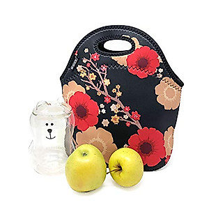 allydrew Insulated Neoprene Lunch Bag Zipper Lunch Box Tote, Blossoms Dark