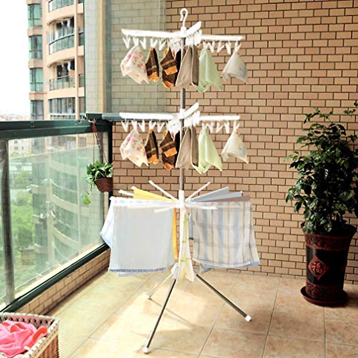 BAOYOUNI Collapsible Clothes Drying Rack 3-Tier Indoor Outdoor Space Saving Stand Hanger with 48 Clips and 16 Towels Bars for Baby Clothes, Cloth Diapers, Socks, Bras, Towels, Underwear (Ivory)