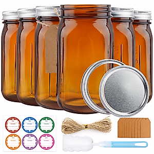 CARBLIN 6 Pack Mason Jars 32 oz, Amber Wide Mouth Canning Jars with Airtight Lids, Glass Pint Jars with Bands Labels Brush, Large Storage Quart Jars for Jam Fermenting Preserving