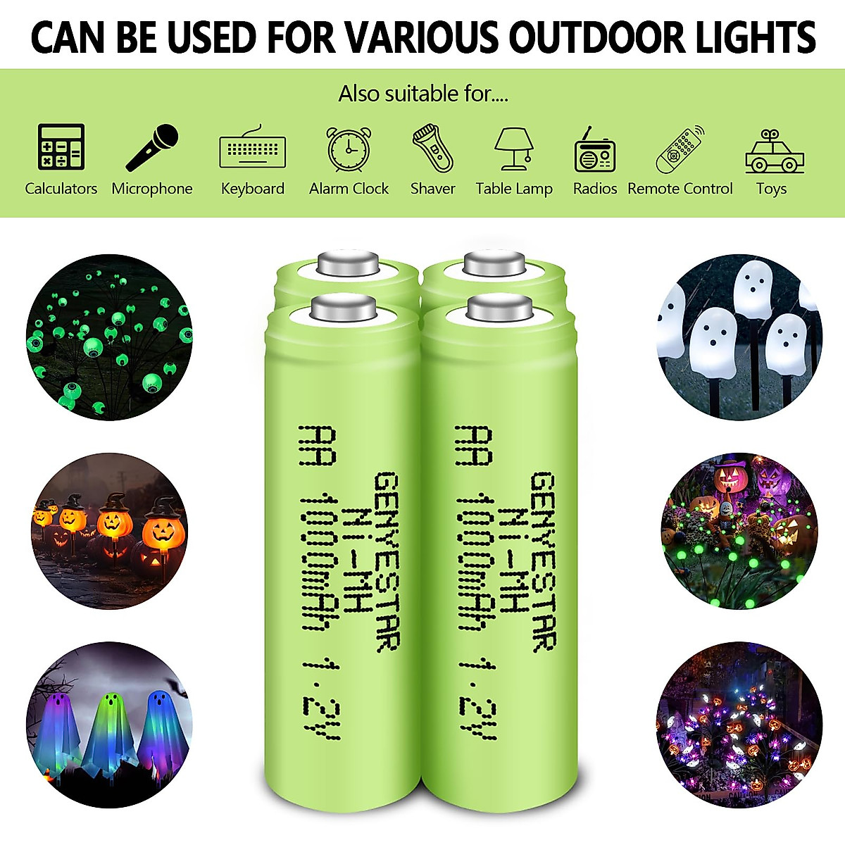 GENYESTAR Solar Lights AA Rechargeable Batteries 1000mah High Capacity 1.2V Ni-MH AA Battery for Outdoor Lights, String Lights, TV Remotes, Wireless Mouses, Flashlight, 8 Pack