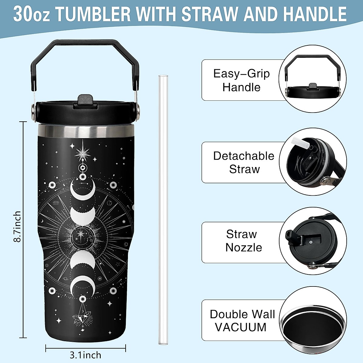 30oz Sun and Moon Tumbler with Handle, Featuring a Leak-proof 2-in-1 Lid and Straw, a Vacuum-insulated Travel Coffee Mug, Portable Stainless Steel Water Bottle, Suitable for Both Women and Men