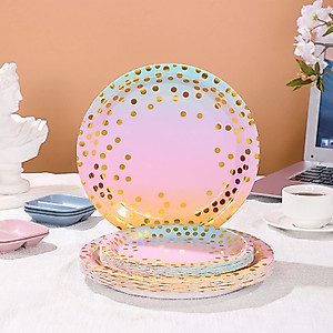 Boocikey 150PCS Pastel Rainbow Plates and Napkins Party Supplies Golden Dot Pastel Paper Plates Disposable for 50 Guests Pastel Rainbow Party Decorations for Pastel Party Decorations