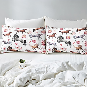 Horse Fitted Sheet Full Size Farm Western Cowboy Cowgirls Bed Sheets Kids Boys Girls Teens Pink Rose Floral Bedding Set Deep Pocket,Cute Lover Heart Kawaii Horse Microfiber Bed Cover,no Flat Top Sheet