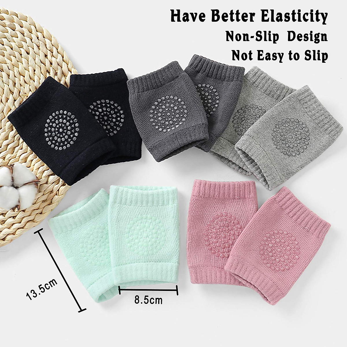 NEPAK 8 Pairs Baby Crawling Anti-Slip Knee Baby Knee Pads For Crawling and safety Walking Anti Slip,Unisex Baby Toddlers Kneepads, 2light Pink+ 2dark Grey+ 2green+ 1black+ 1gray