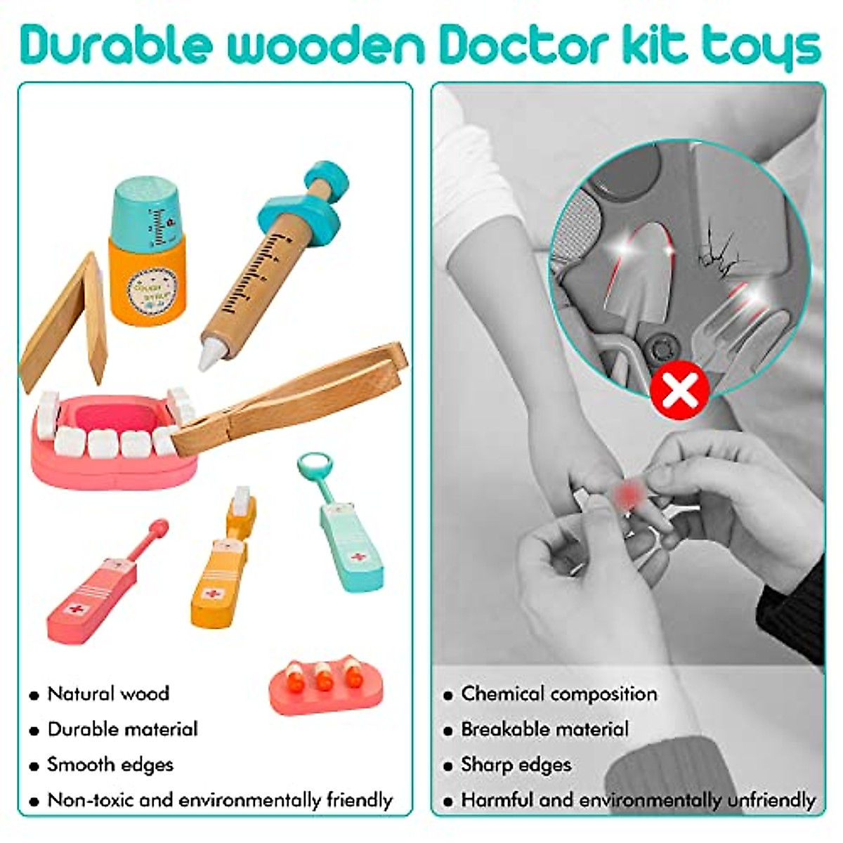 Wooden Dentist Kit for Kids, 41 Pieces Toy Medical Kit with Stethoscope & Medical Storage Bag, Montessori Pretend Doctor Kit Toys for 3 4 5 6 Years Old Boys Girls