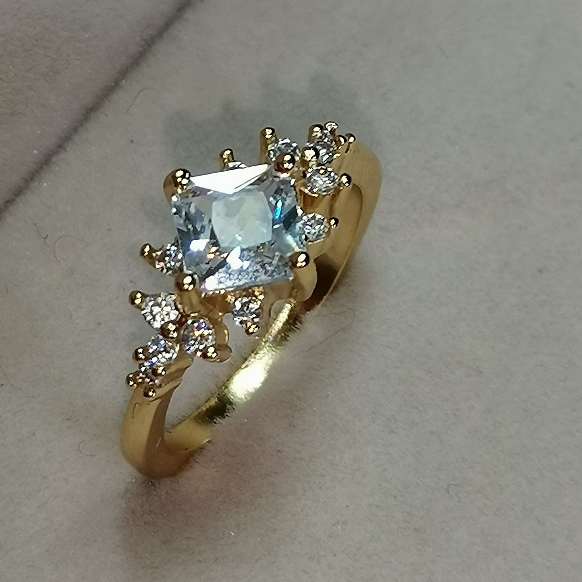 GUIDECUN Simple Yellow Gold Plated White Princess Cushion Cut CZ Tiny Ring Women's Engagement Jewelry Gifts for her (US Size 7)