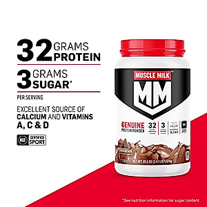 Muscle Milk Genuine Protein Powder, Vanilla Crème, 2.47 Pound, 16 Servings, 32g Protein, 2g Sugar, Calcium, Vitamins A, C & D, NSF Certified for Sport, Energizing Snack, Packaging May Vary