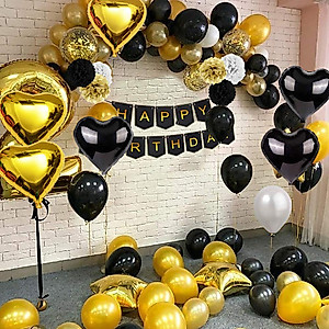 Black and Gold Party Decorations Happy Birthday Confetti Balloons with Banner,Star Heart Foil Balloons,Paper Pompoms for18th 20th 30th 40th 50th 60th 70th Birthday Decorat (Black and Gold)