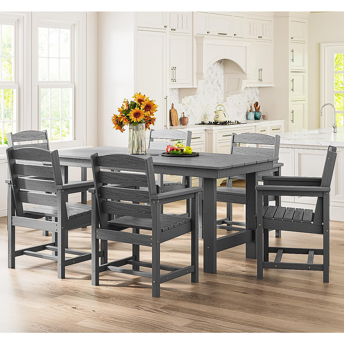 SERWALL Outdoor HDPE Dining Table Set, 7-Piece Outdoor Dining Table Sets with Umbrella Hole Cut-Out Table and 6 Chairs, Gray