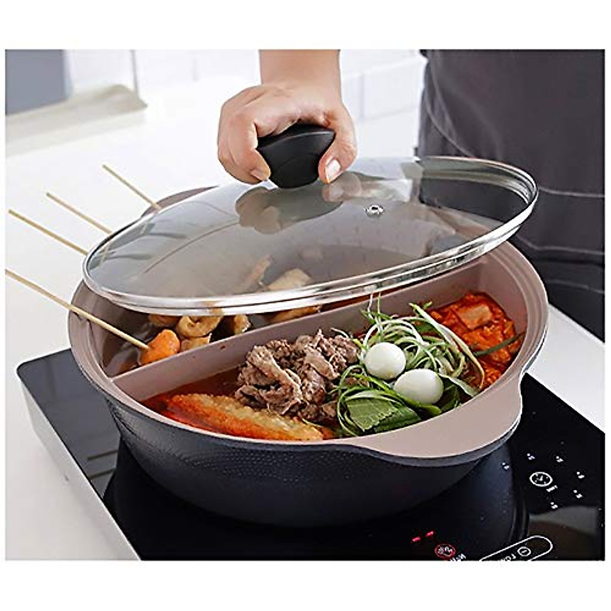 Cookin IH Shabu Shabu Divider Hot Pot, Induction Cooktop, Ceramic Coating, Double Sauce Pot, 11 Inch