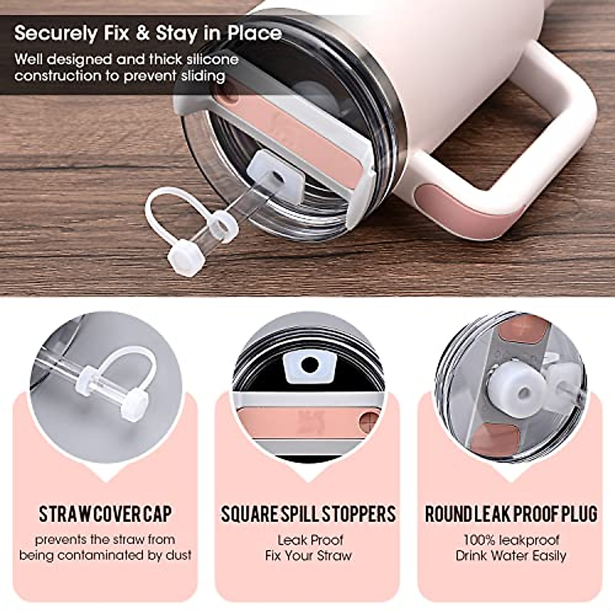 6Pcs Spill Proof Stopper Silicone for Stanley Cup 2.0 40oz/30oz Tumbler Leakproof Water Bottle Sealing Accessories with Round Top Leak Proof stopper Plug &Square lid anti-leak Stopper&Straw Cap Cover