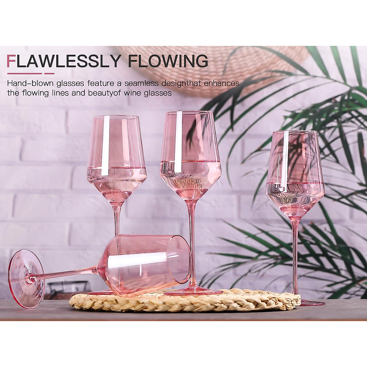 Pink Crystal Wine Glass Set of 6 - Hand-Blown Long Stem Wine Glasses, Unique Wine Glasses Gift For Wine Lovers, Dinner, Party, Wedding
