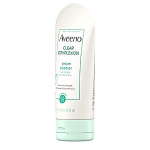 Aveeno Clear Complexion Cream Facial Cleanser with Salicylic Acid Acne Medicine, Face Wash with Soy Extract for Breakout Prone Skin, Hypoallergenic & Oil-Free, 5 fl. oz