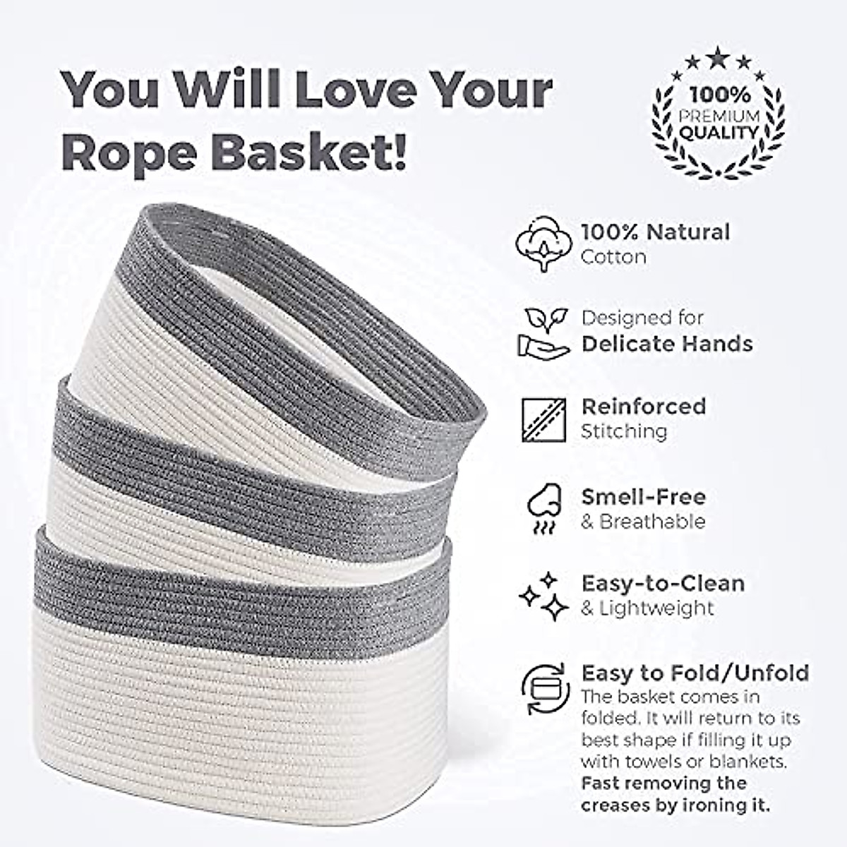 Cotton Rope Basket for Storage | 15"x10"x9" Set of 3 White & Gray Medium Storage Baskets for Organizing with Handles works as Cloth Baskets, Blanket Basket, Big Woven Laundry Basket or Toy Bin like Wicker Laundry Baskets