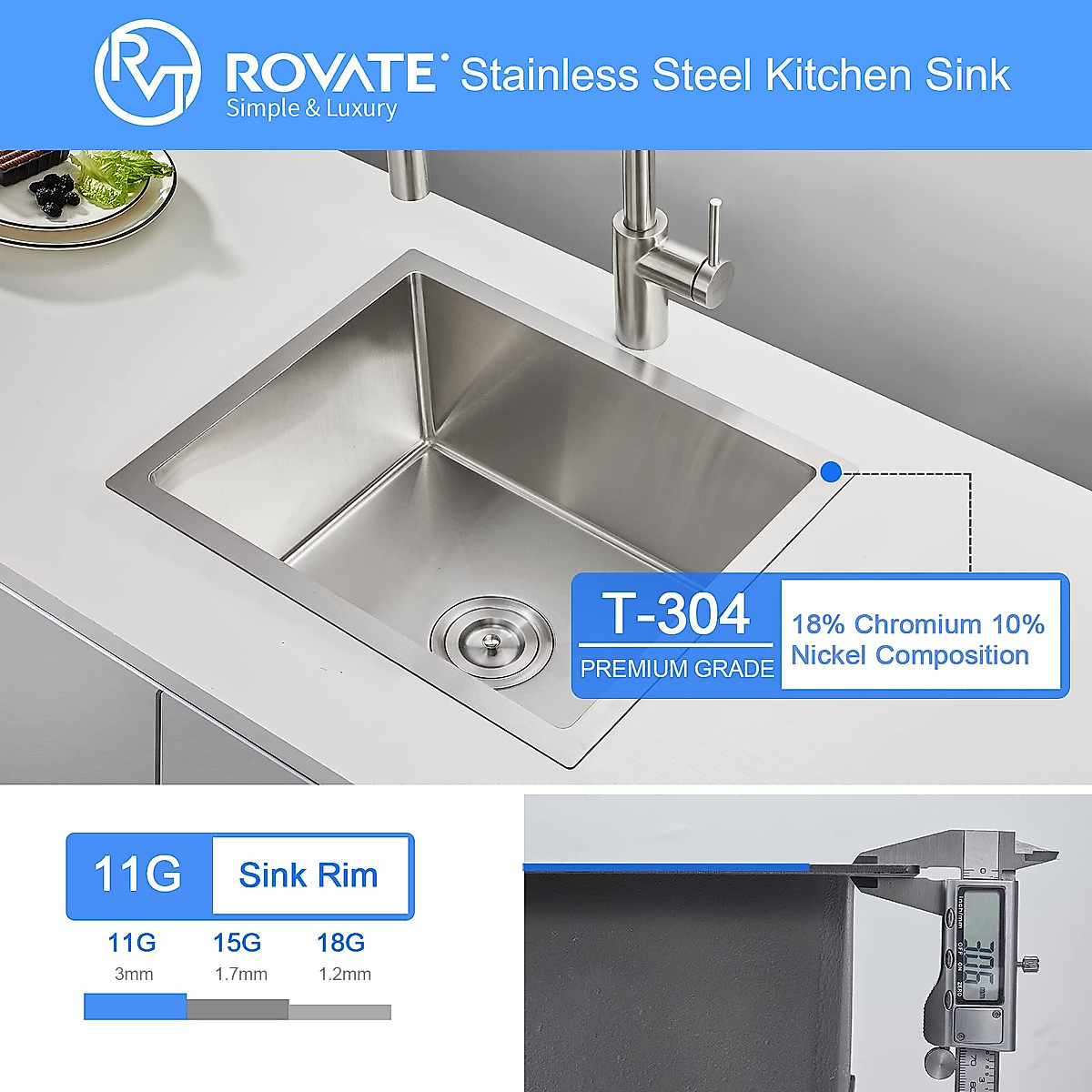 ROVATE 20 inch Kitchen Sink Undermount Singel Bowl, Bar or Kitchen Sink Handmade, 304 Stainless Steel Kitchen Sink with Strainer