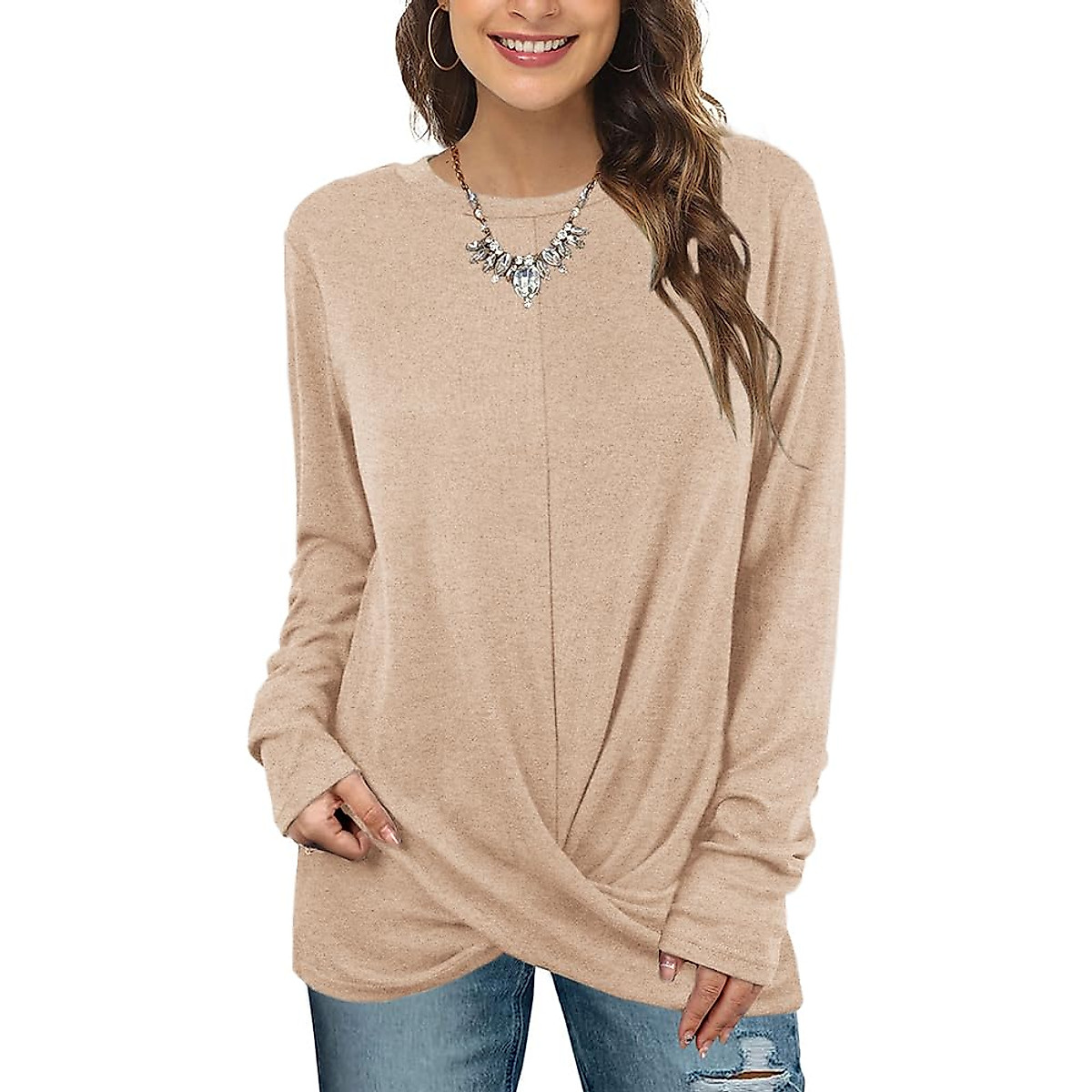 NIUBIA Blouses for Women Dressy Ladies Solid Color Long Sleeve Shirts Fashion Twist Knot Pullover Work Casual Blouses 2022 Khaki