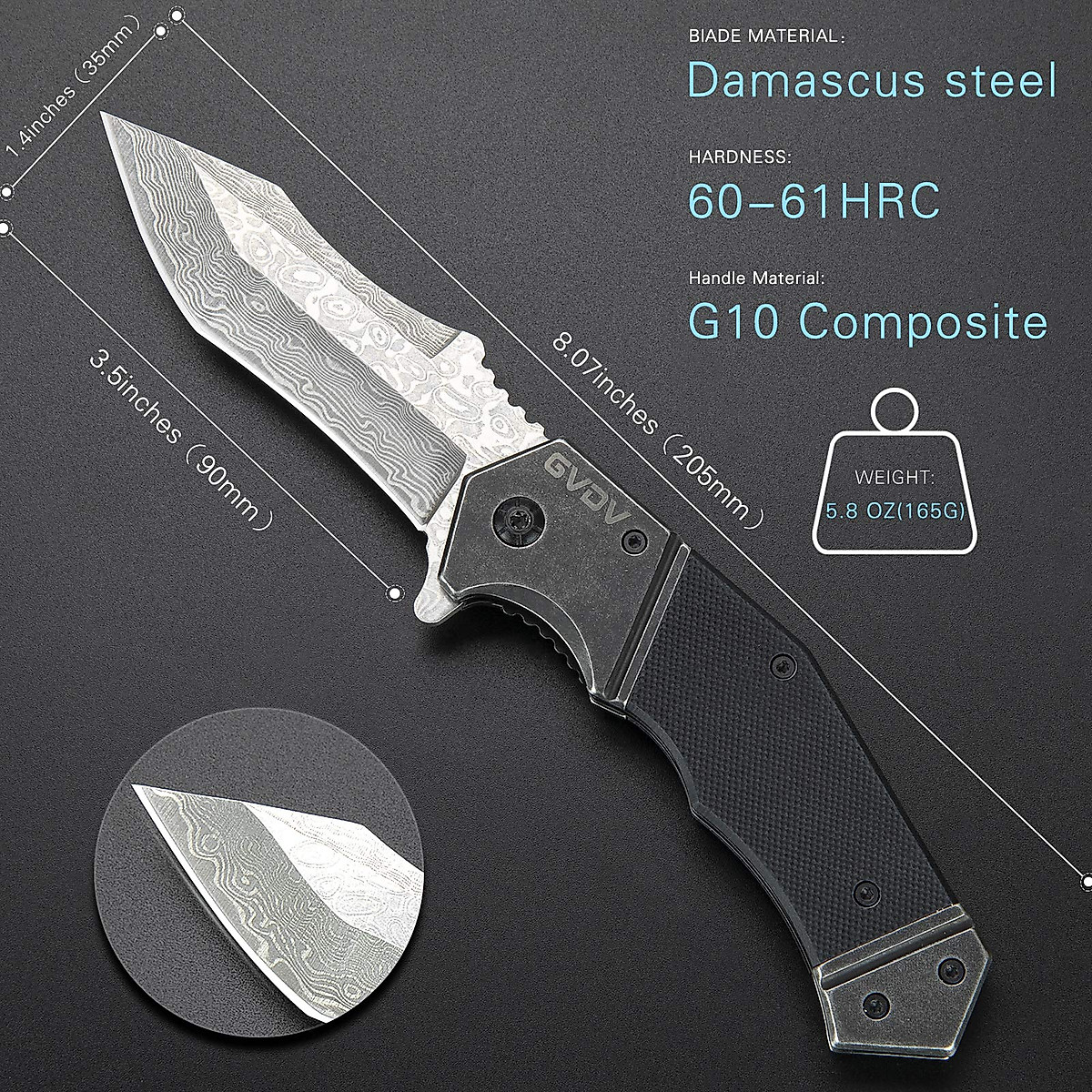 GVDV Damascus Steel Pocket Knife with G10 Handle, Handmade Folding Knife with Leather Sheath for Camping Survival, Knives for Men Dad Husband (Black)