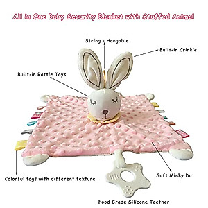 Upalupa Bunny Lovey Blanket and Minky Dot Fabric Tags Security Blanket, Pink