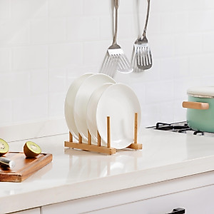 Oyydecor Bamboo Dish Drying Rack for Kitchen Counter and Cabinet, Dish/Book/Plate/Bowl/Cup/Cutting Board/Pot Lid Organizer for Kitchen, Living Room, Study, Display Cabinet (4 Slots)