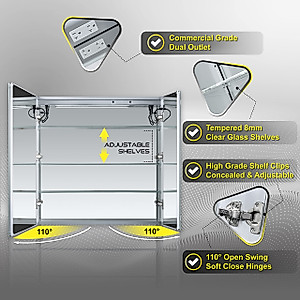 DECADOM LED Mirror Medicine Cabinet Recessed or Surface, Dimmer, Clock, Room Temp Display, Dual Outlets (Duna 30x32)