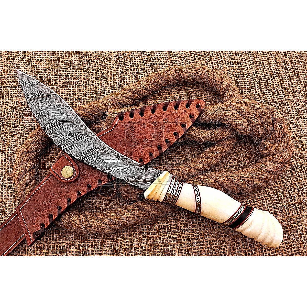 HUNTEX Unique Custom Handmade Hand Forged Damascus Steel 15 Inch Long Full Tang Camel Bone Handle Razor Sharp Hunting Camping Kukri Knife with Genuine Leather Sheath