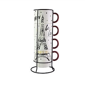 American Atelier Ceramic Mug & Rack Set – [4] 14-Ounce Cups & Standing Metal Rack for Kitchen Countertop, Tabletop, Island or Café Display – Tea & Coffee Lovers - Eiffel Tower Design
