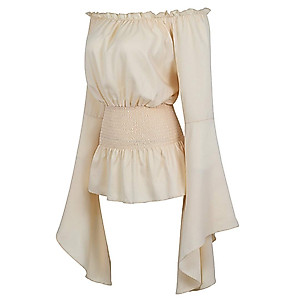 Womens Victorian Long Sleeve Boho Blouse Top Plus Size Renaissance Shirt Gothic Ruffle Pirate Skirt Cosplay Costumes Beige-M