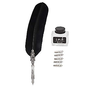 GLOGLOW Quill Pen, European Retro Feather Quill Dip Pen Fountain Pen Sign Pen Set with 5 Replacement Tips Calligraphy Feather Quill Dip Pen Set(Black)